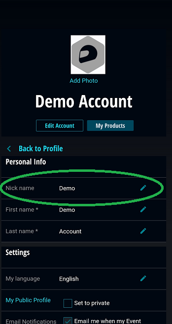 How do I change the nickname of my account in the Speedhive app?